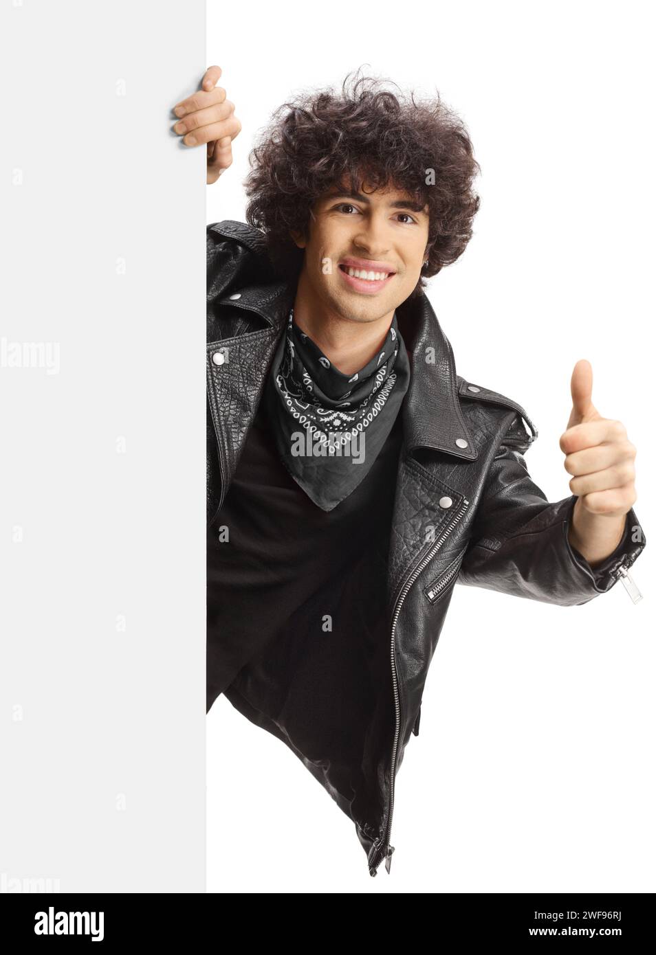 Guy in a leather jacket behind a panel gesturing thumbs up isolated on ...