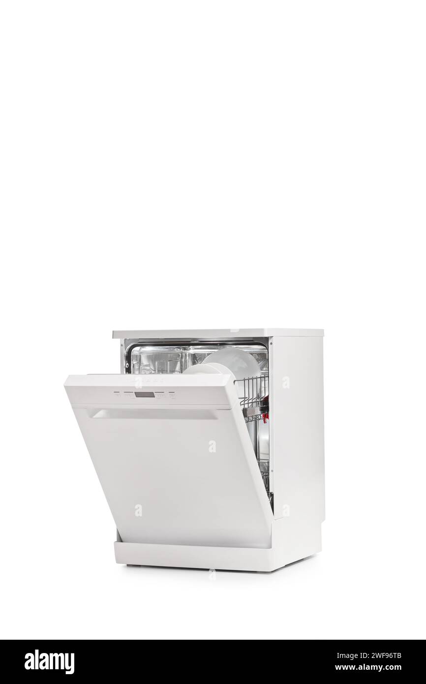 Studio shot of a half open white dishwasher isolated on white ...