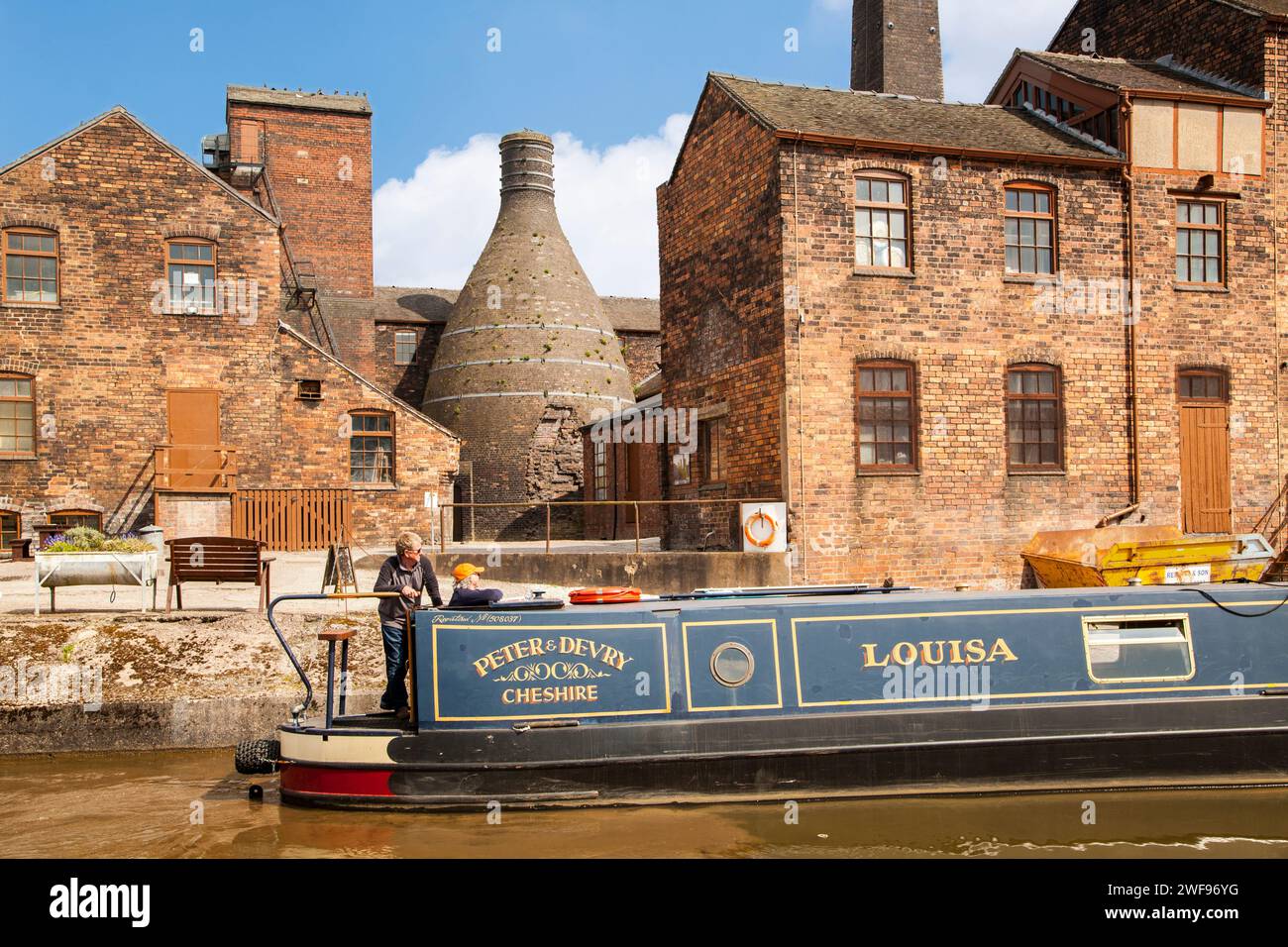 Canal narrowboat alongside the Middleport pottery factory on the Trent ...