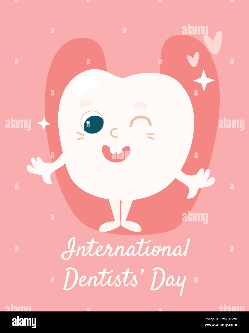 Greeting card for the International Day of the Dentist. A cute little tooth with face, handles ...