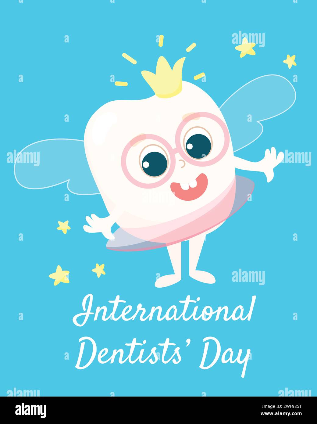 Greeting card for the International Day of the Dentist. Tooth Fairy. A very cute tooth with ...