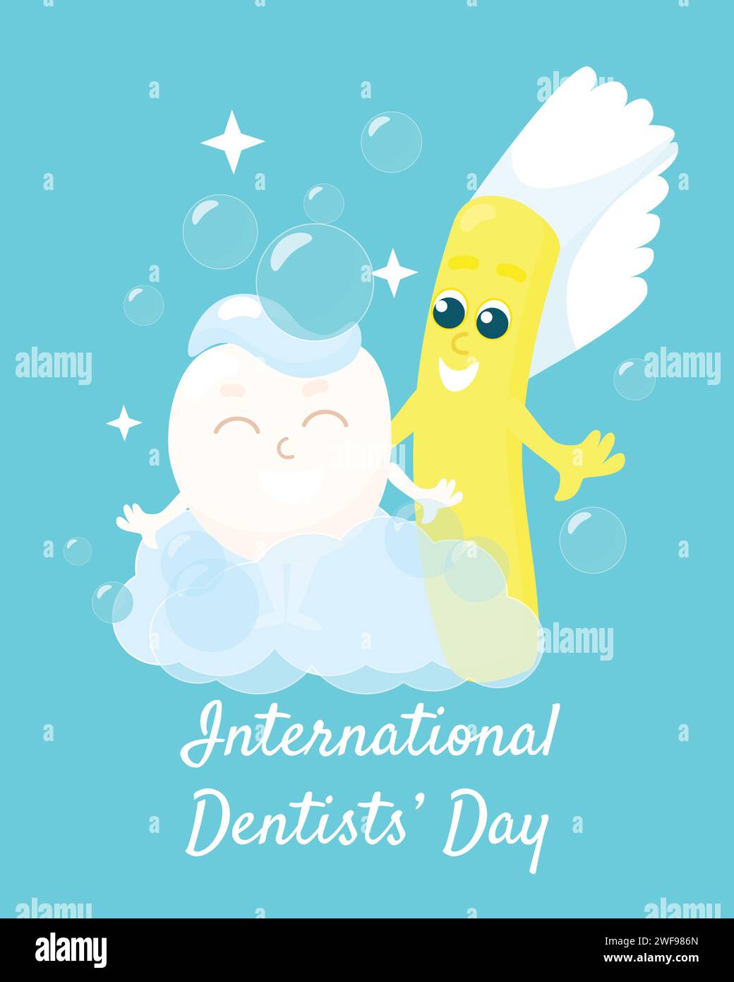 Greeting card for the International Day of the Dentist. A cute little tooth is smiling happily ...