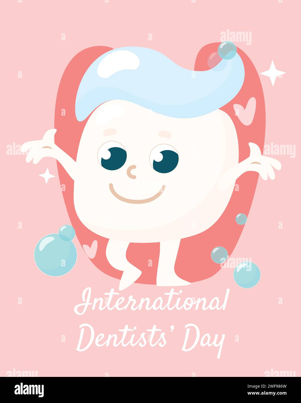 Greeting card for the International Day of the Dentist. A cute little tooth with glasses and a ...
