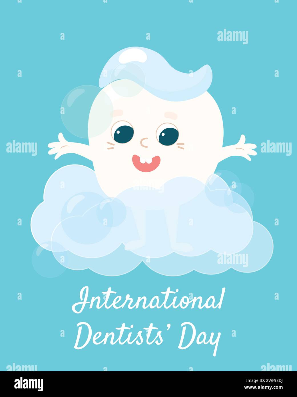 Greeting card for the International Day of the Dentist. A small healthy baby tooth with ...