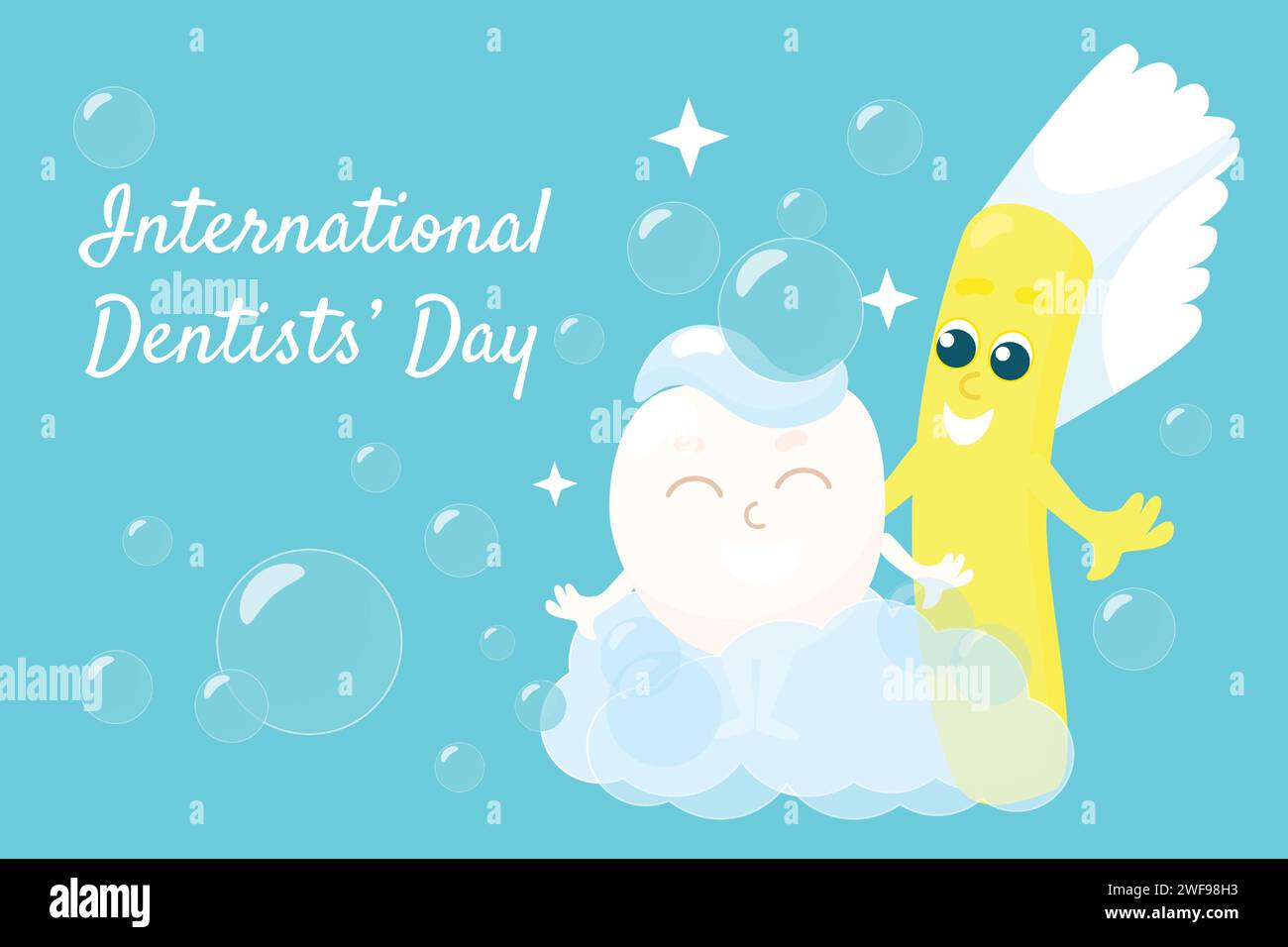 Dentist's Day greeting card. A cute little tooth with glasses and a face is smiling happily with ...