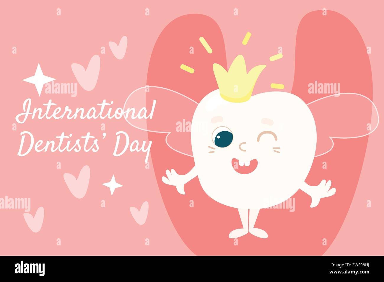 Dentist's Day greeting card. Funny tooth fairy in the form of a tooth with a crown and wings ...