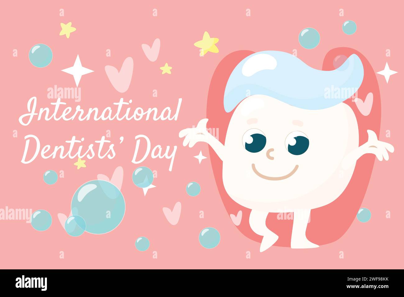 Dentist's Day greeting card. A cute little tooth with glasses and a happy smiling face. The ...