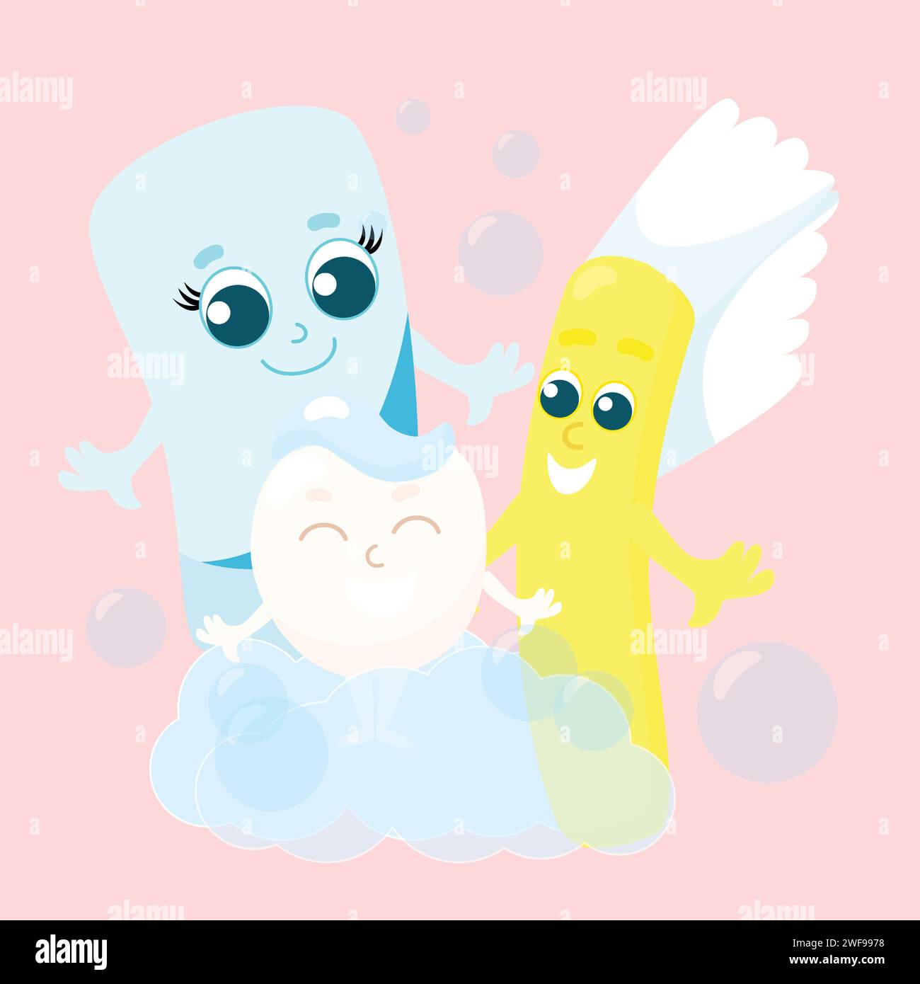 Little baby tooth and toothpaste and brush stand together and smile ...