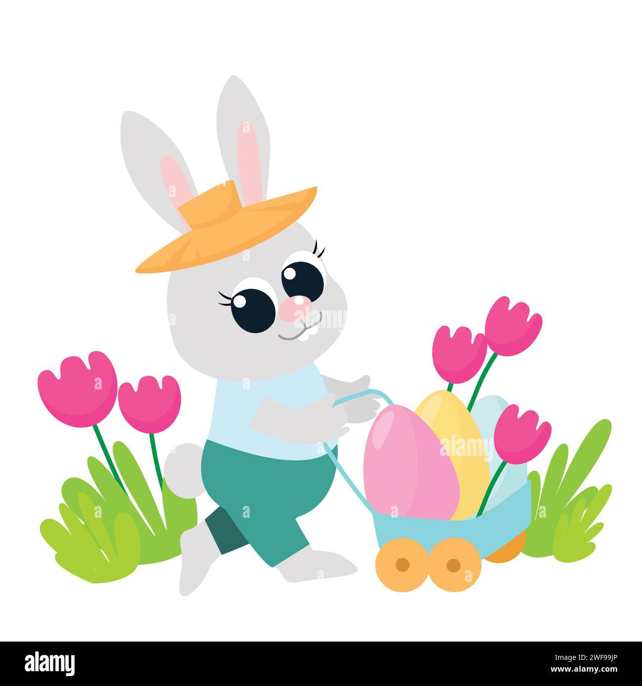 Little cute Easter bunny is carrying colored eggs in a cart. Great ...