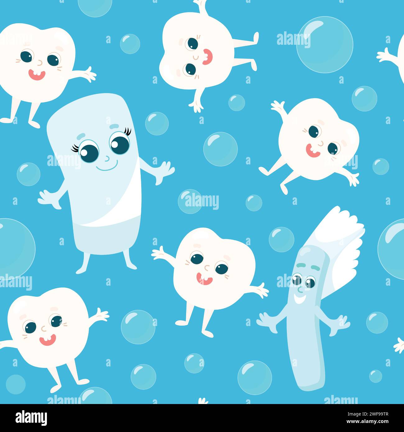 Seamless pattern of healthy happy baby teeth in soap bubbles together ...