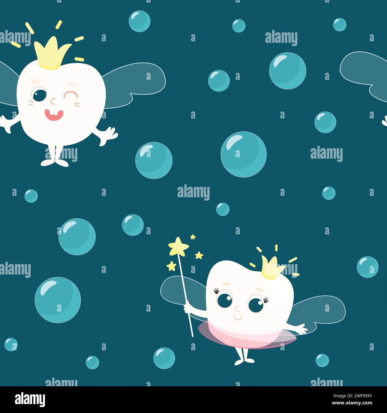 Seamless pattern healthy tooth with wings, crown and magic wand among ...