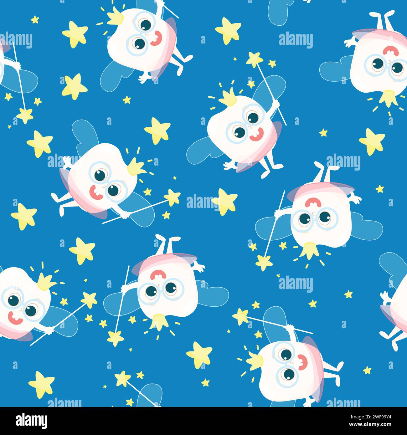 Tooth fairy seamless pattern. A healthy tooth with wings, a crown and a ...