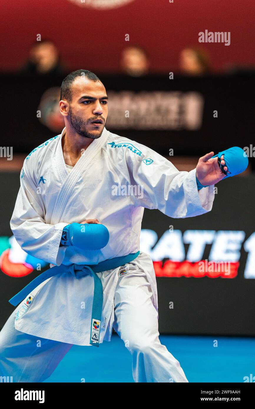 Abdalla ABDELAZIZ of Egypt, Male Kumite -75kg Final, during the Paris Open Karate 2024, 2024 ...