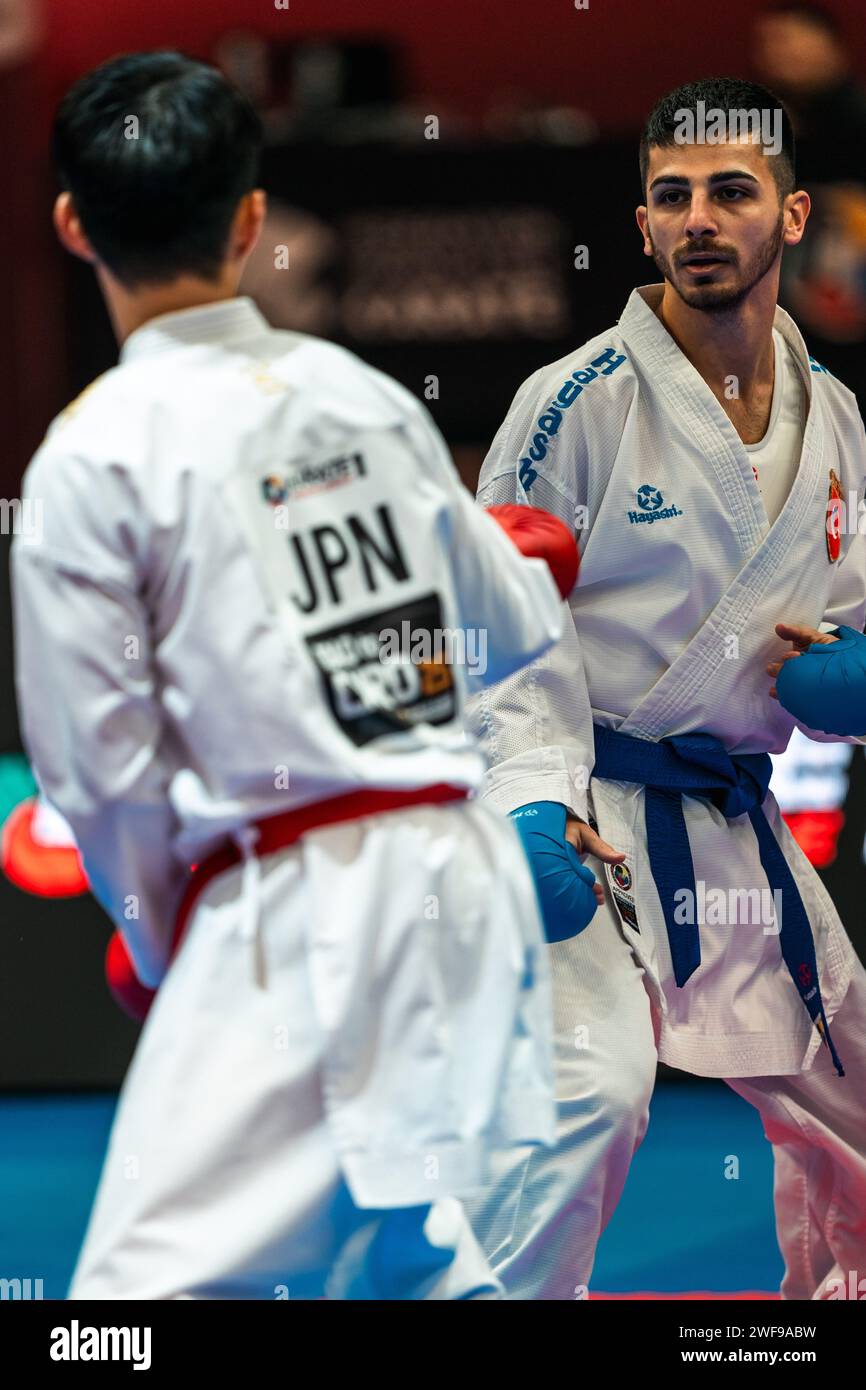 Eray SAMDAN of Turkiye and Hiromu HASHIMOTO of Japan, Male Kumite -60kg ...