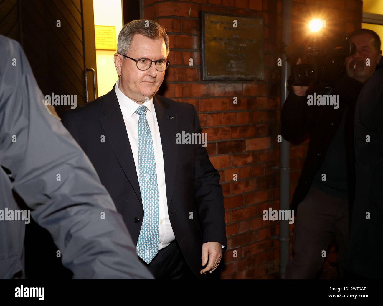 DUP leader Sir Jeffrey Donaldson leaving his party's HQ at Dundela in ...