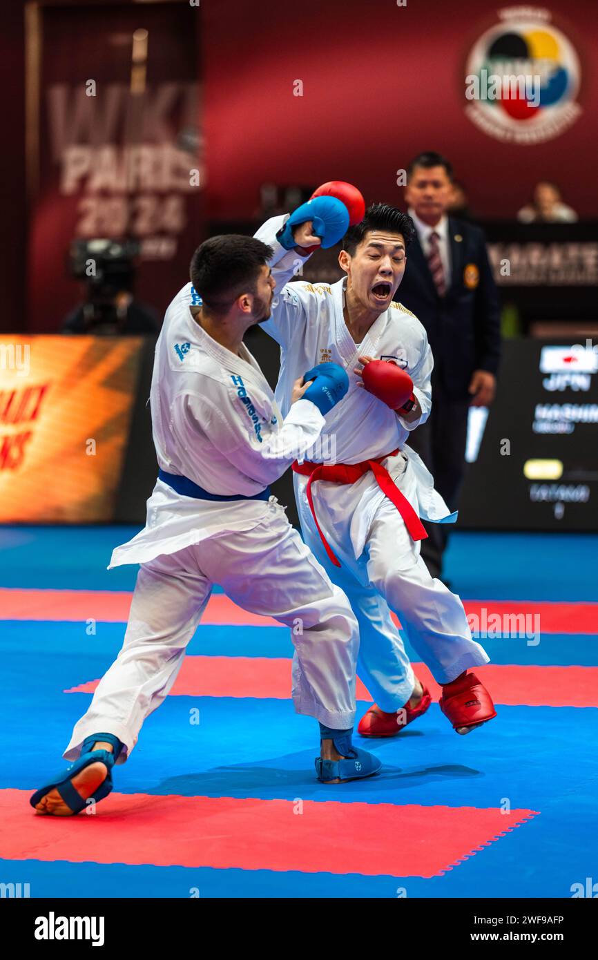 Eray SAMDAN of Turkiye and Hiromu HASHIMOTO of Japan, Male Kumite -60kg ...