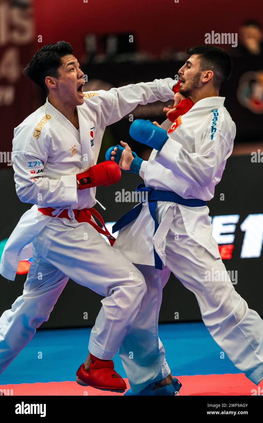 Eray SAMDAN of Turkiye and Hiromu HASHIMOTO of Japan, Male Kumite -60kg ...