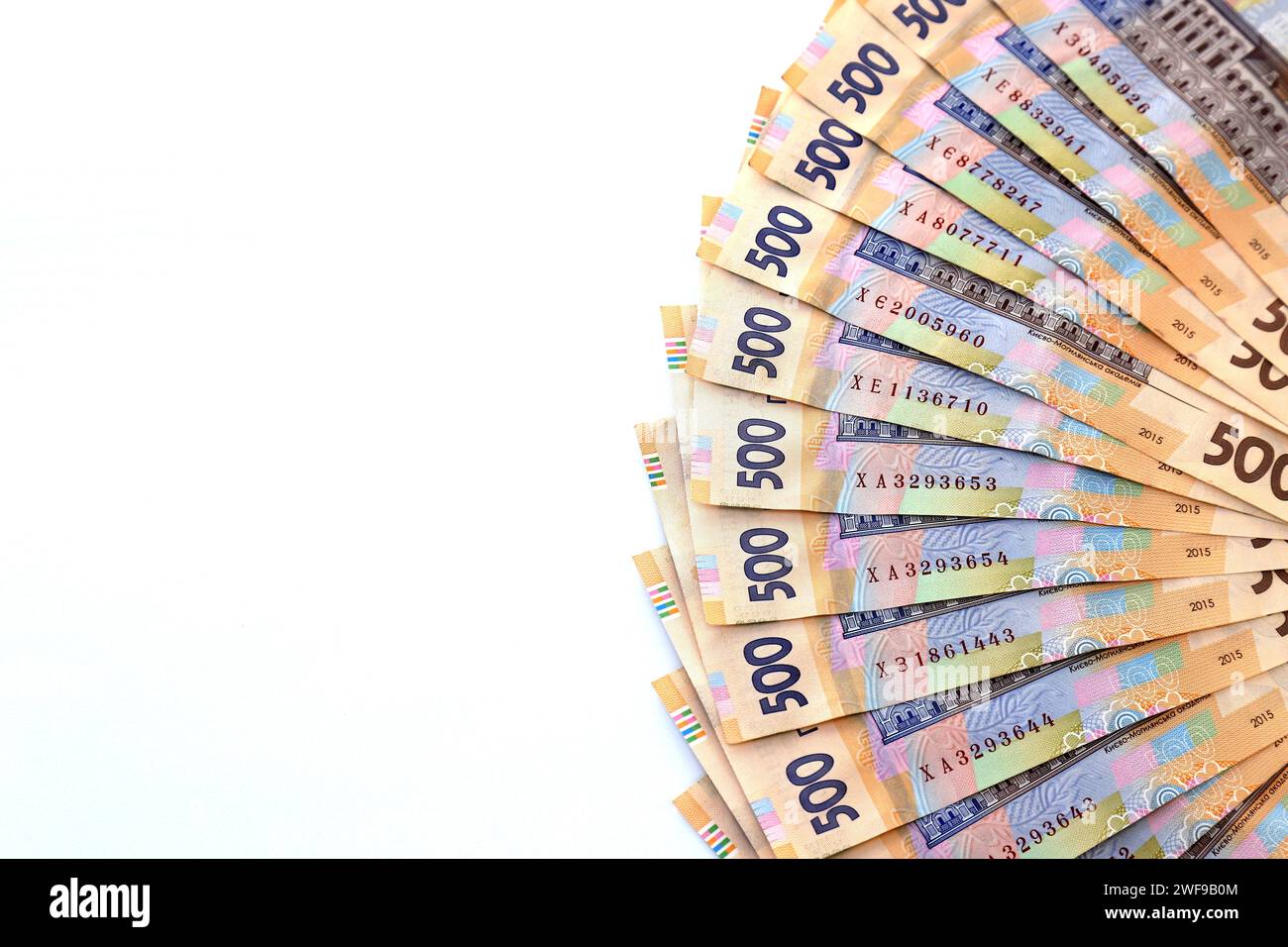 Ukrainian hryvnia, new banknotes of 500 hryvnias on white background ...