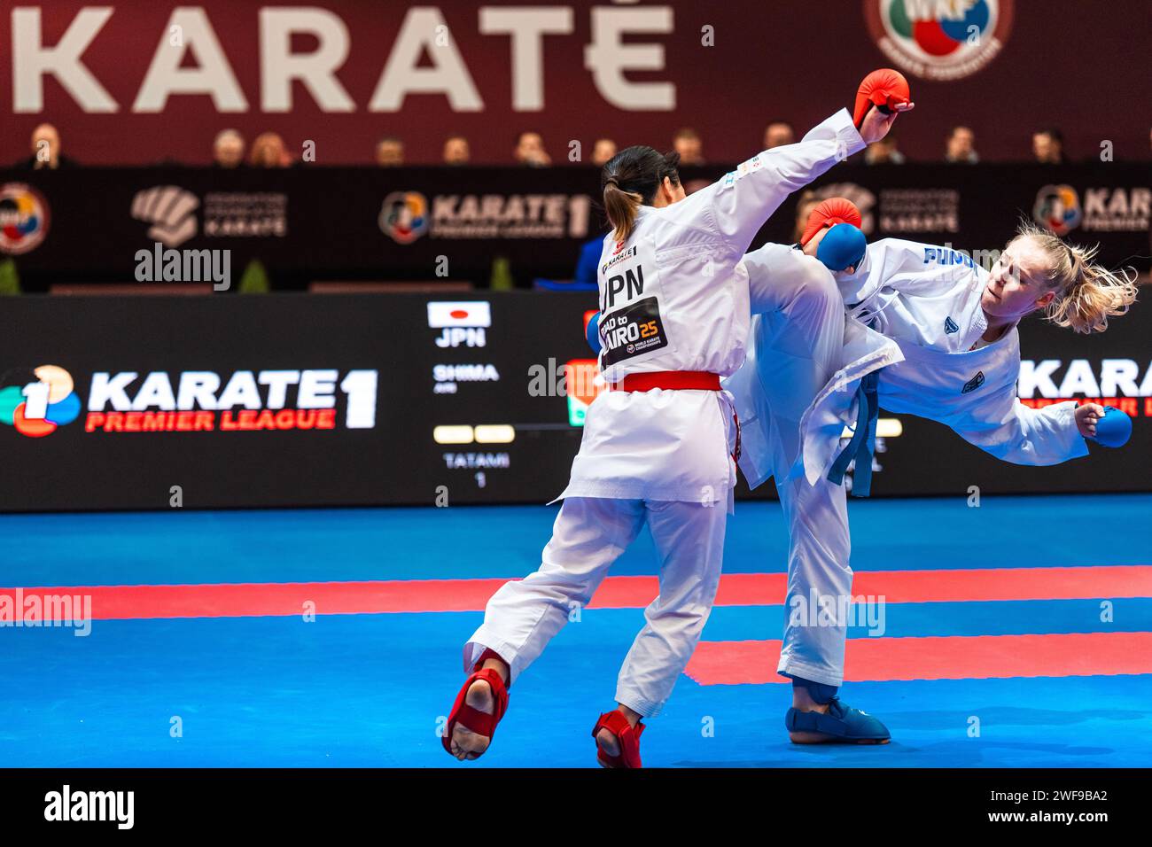 Airi SHIMA of Japan and Mia BITSCH of Germany, Female Kumite -55 Kg ...