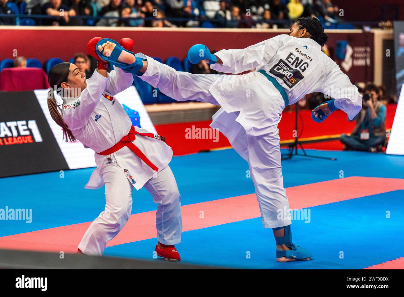 Maria TORRES GARCIA of Spain and Rochelle WALTERS of England, Female Kumite +68 Kg Final, during ...