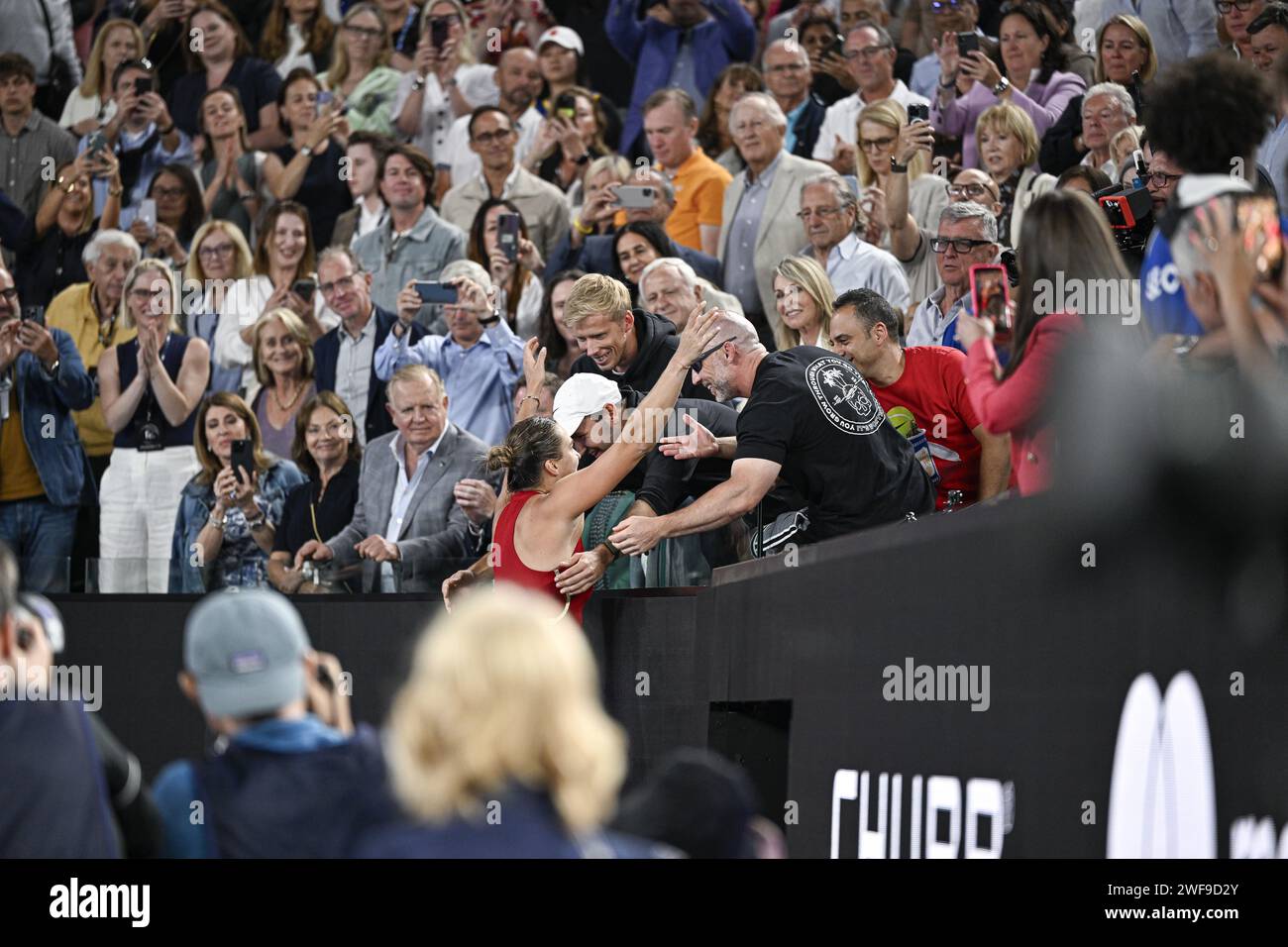 Aryna Sabalenka with her coach Jason Stacy and team in the players box ...
