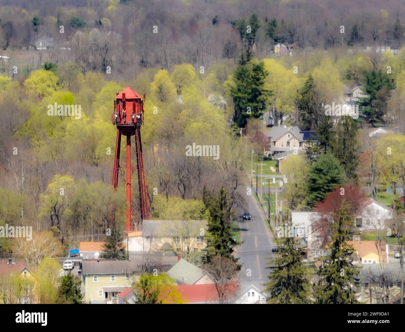 Spring afternoon aerial photo of the water tower located in the hamlet ...