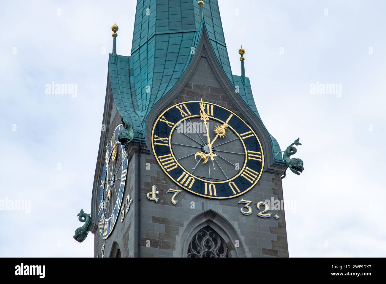 The clock tower of Fraumünster church in Zurich, Switzerland Stock ...