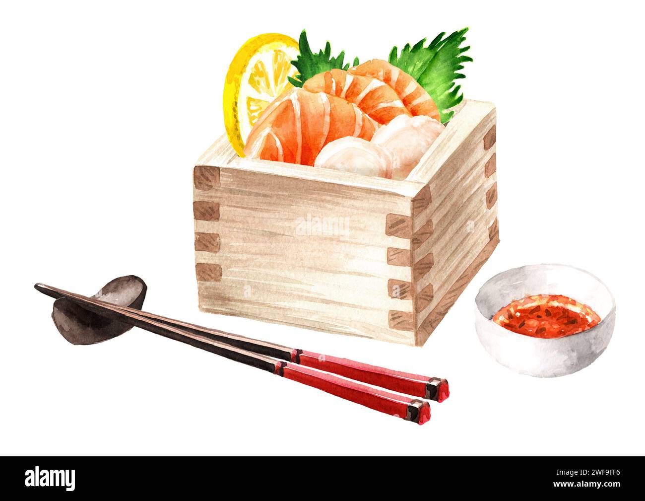 Japanese Salmon and scallop Sashimi In A Wooden Box Masu, Hand drawn ...