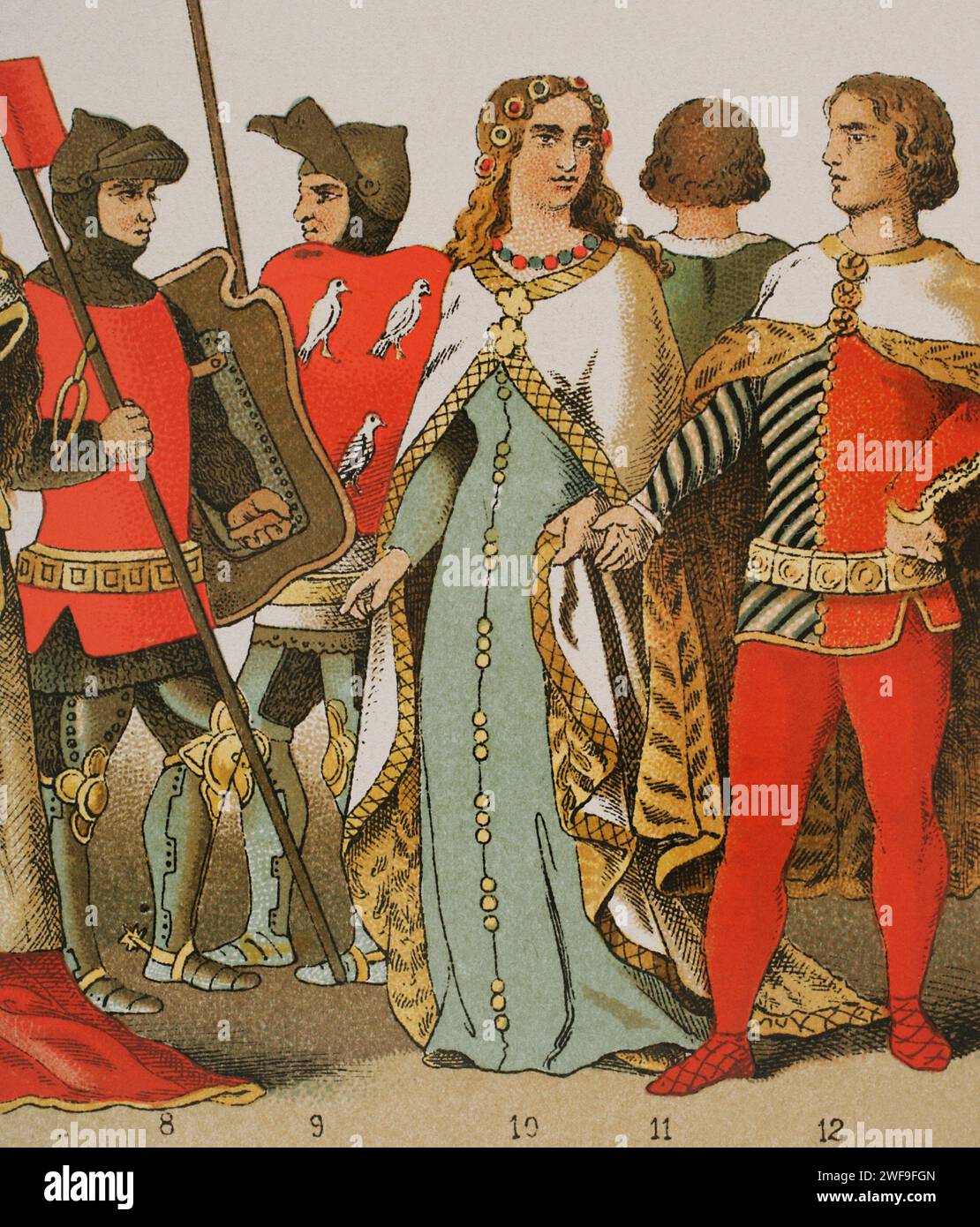 History of Spain. 1300. From left to right, 8-9: warriors, 10: noble ...