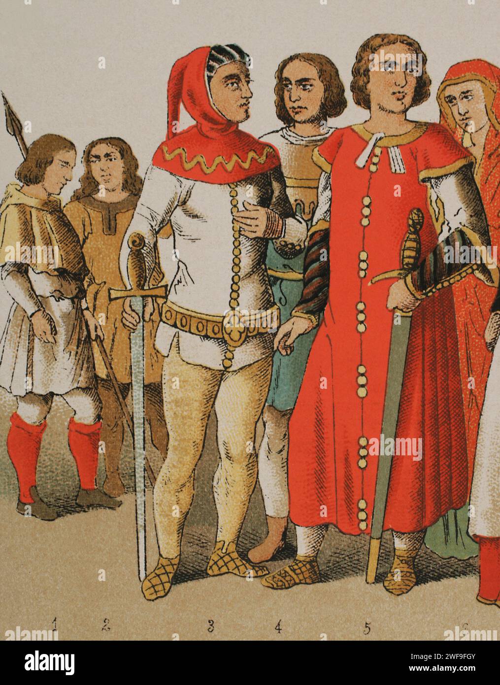 History of Spain. 1300. From left to right, 1-2: hunters, 3-4-5 ...