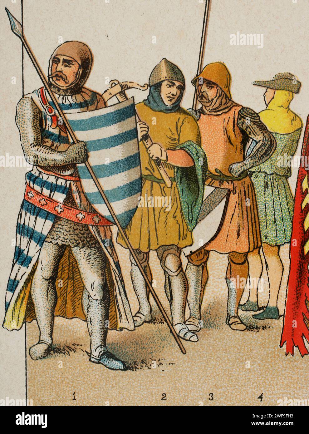 History of England. 1300-1400. From left to right, 1: warrior, 2 ...