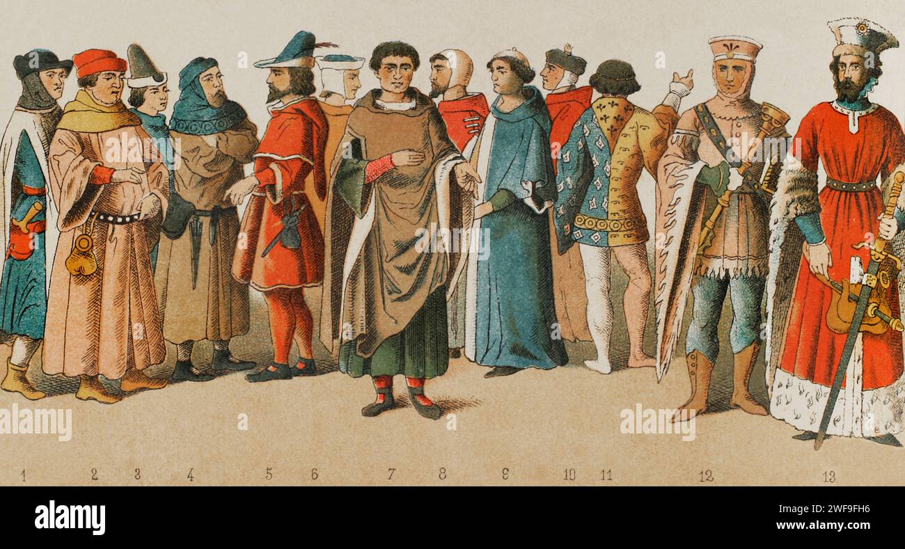 History of France. 1300. From left to right, 1 to 7: citizens, 8-9-10 ...