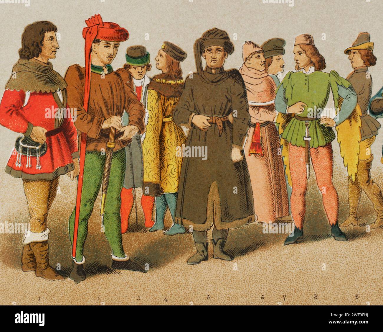 History of France. 1400. From left to right, 1: citizen, 2: Charles VII of France (1403-1461), 3 ...