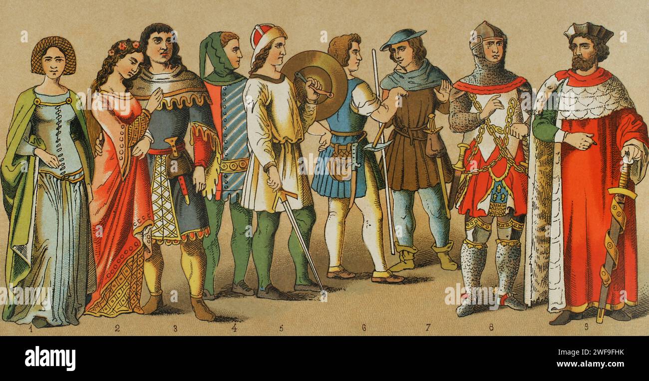 History of Germany. 1300-1350. From left to right, 1-2: dames, 3-4 ...