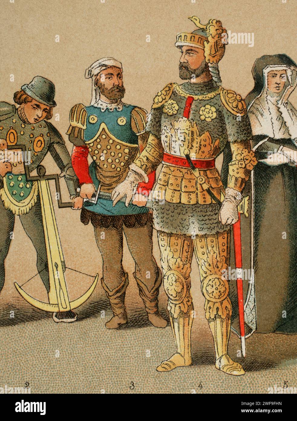 History of France. 1400. From left to right: crosbowman, knights, and ...