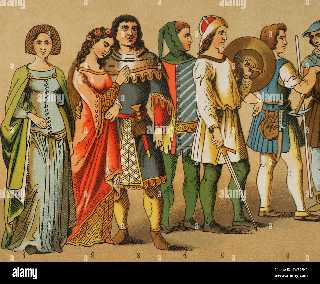 History of Germany. 1300-1350. From left to right, 1-2: dames, 3-4 ...