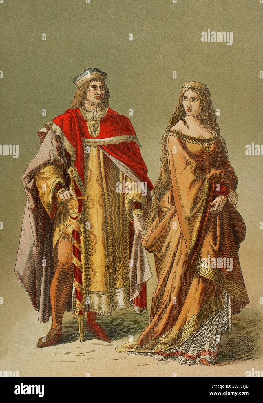 Europe. Middle Ages. 14th century. Lady and nobleman. Chromolithography ...