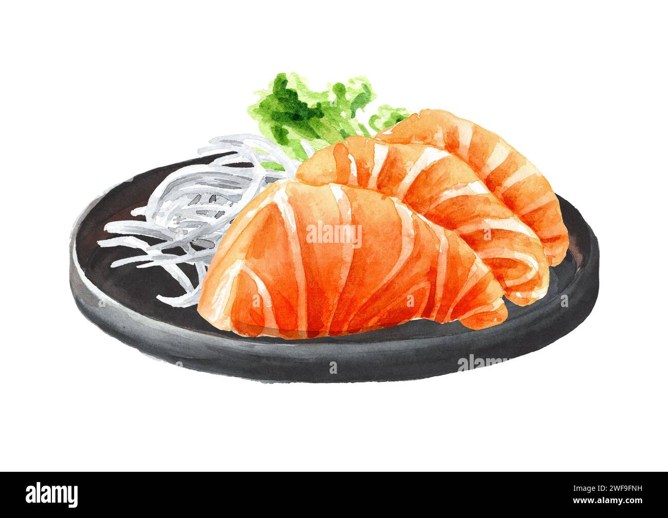 Japanese Salmon Sashimi, Hand drawn watercolor illustration isolated on ...