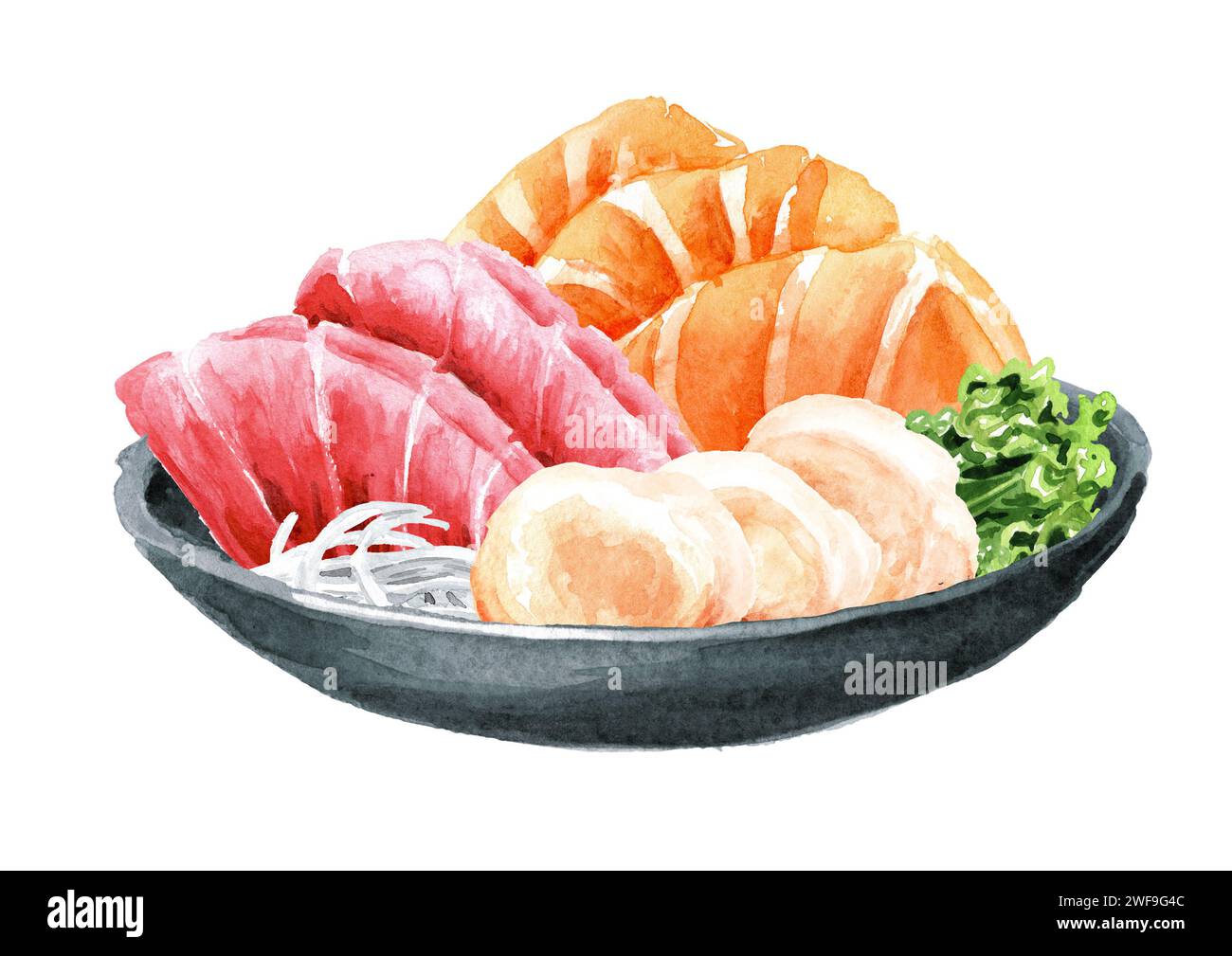 Japanese Sashimi set. Hand drawn watercolor illustration, isolated on ...