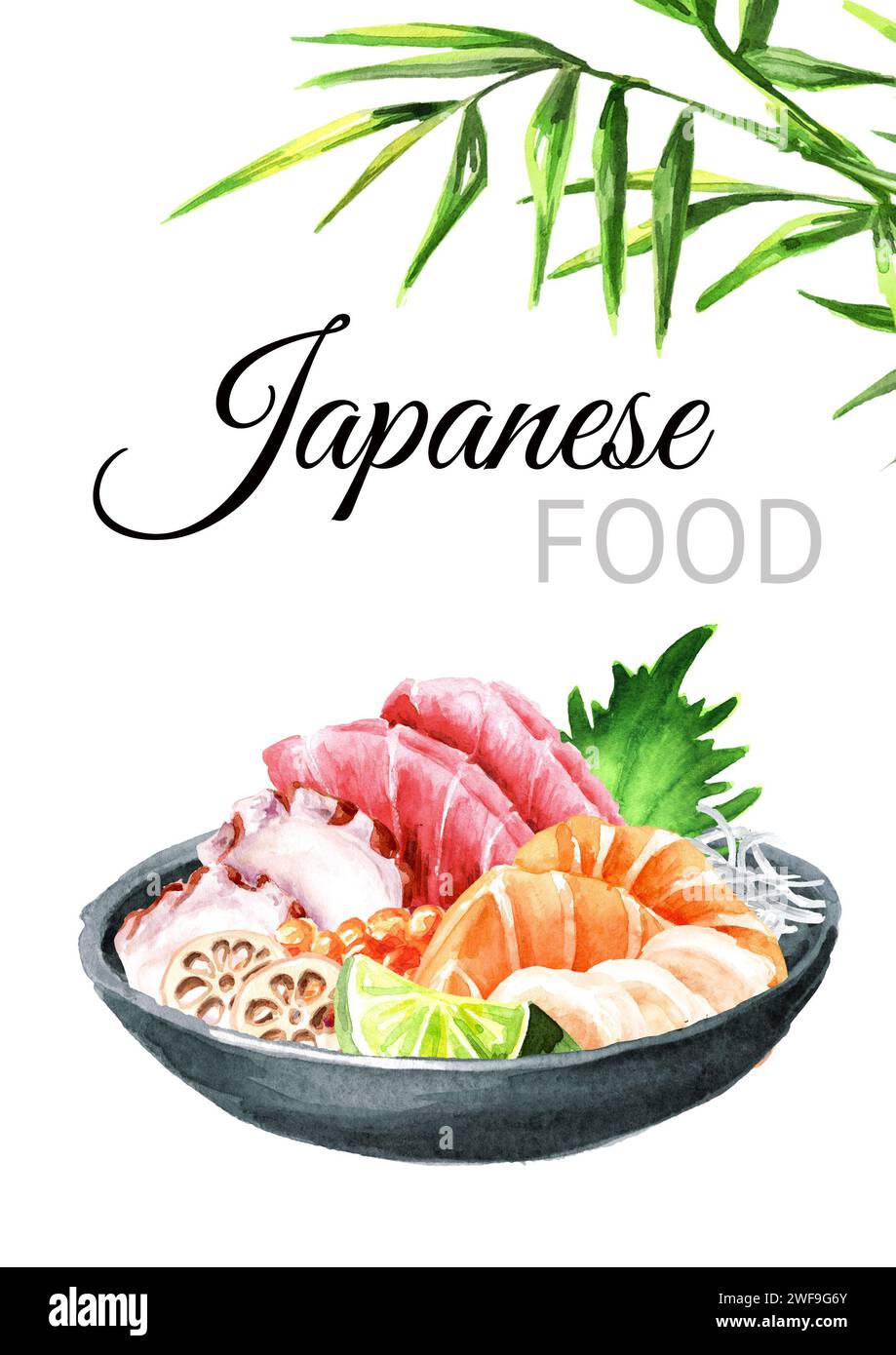 Japanese Sashimi set. Hand drawn watercolor illustration, isolated on ...