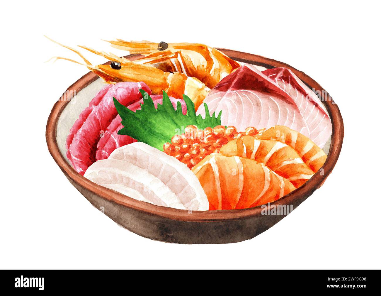 Japanese Sashimi set. Hand drawn watercolor illustration, isolated on ...