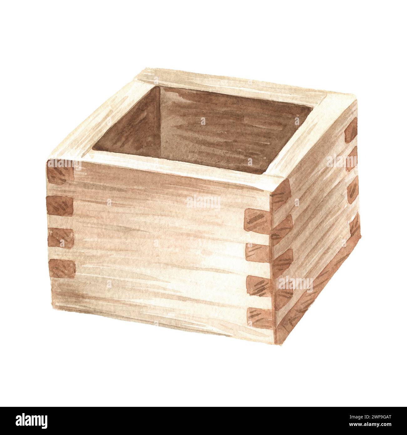Masu, Japanese wooden box, sake cup. Hand drawn watercolor illustration ...
