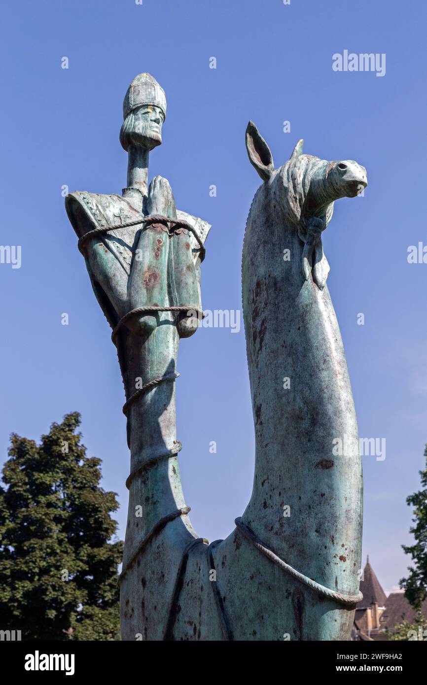 Sculpture "the legend of Saint-Grat". Oloron-Sainte-Marie, Pyrenees ...