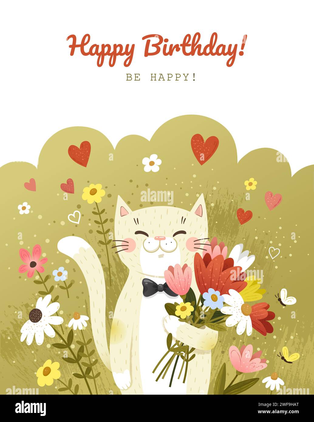 Happy Birthday Card with happy cat and flowers Stock Vector Image & Art ...