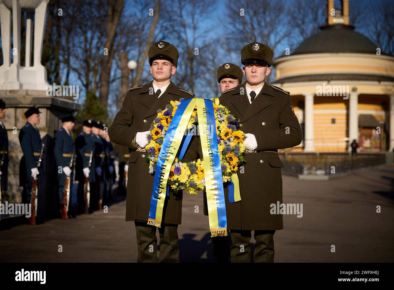 Kiev, Ukraine. 29th Jan, 2024. Ukrainian military honor guards carry a ...