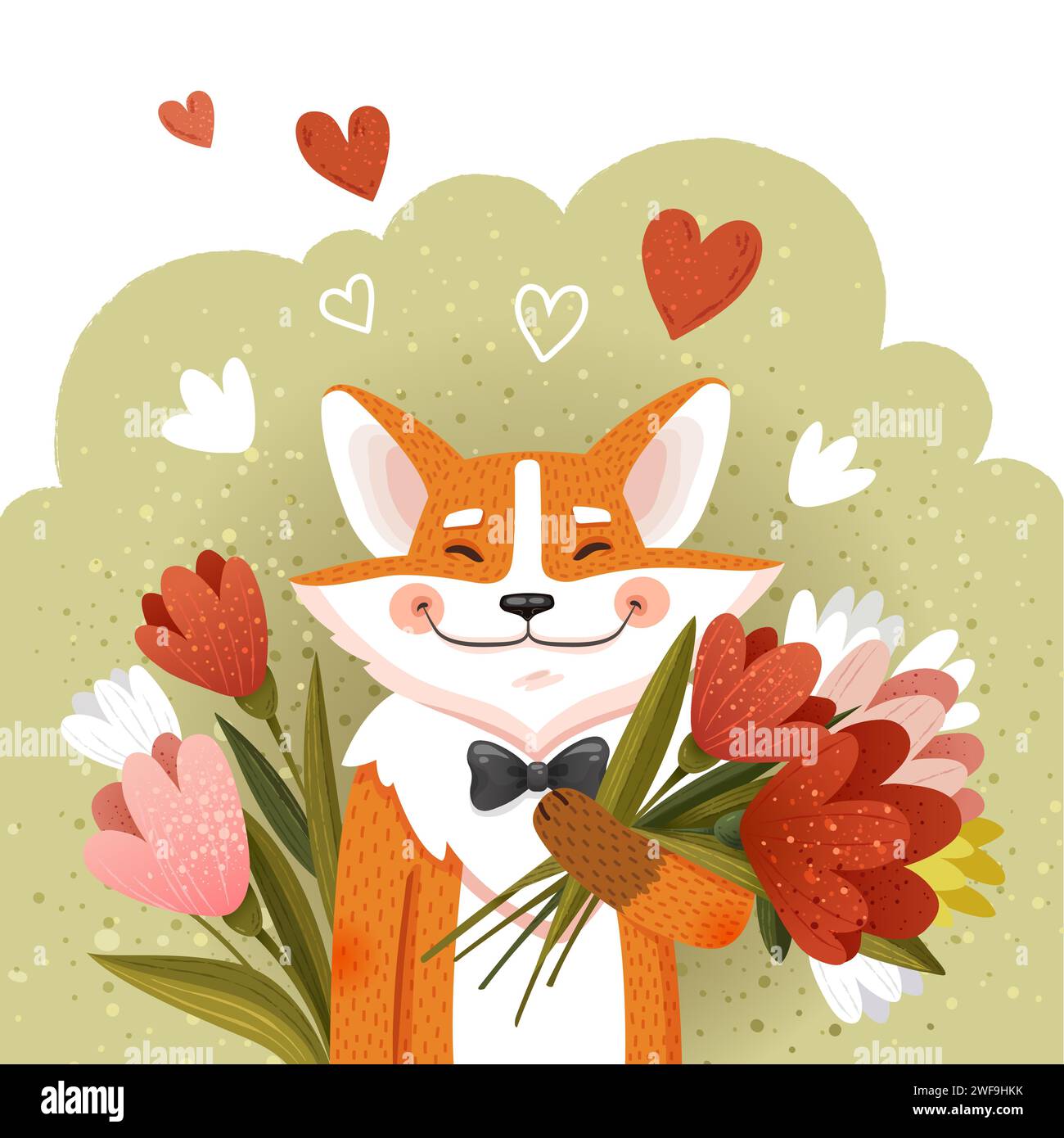 Happy fox with bouquet of flowers. Vector illustration Stock Vector ...
