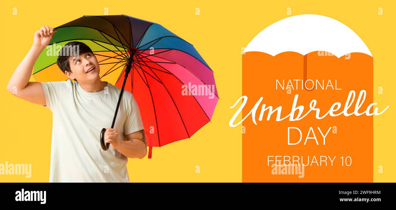 Banner for National Umbrella Day with Asian man holding rainbow parasol ...