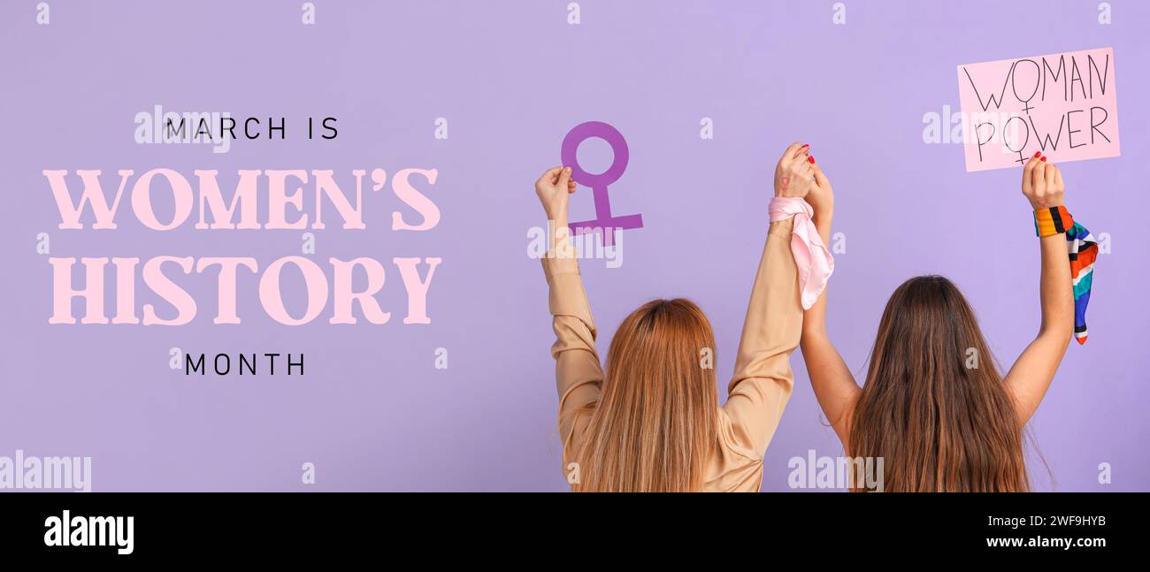 Girls holding paper with text WOMAN POWER and gender symbol on lilac ...