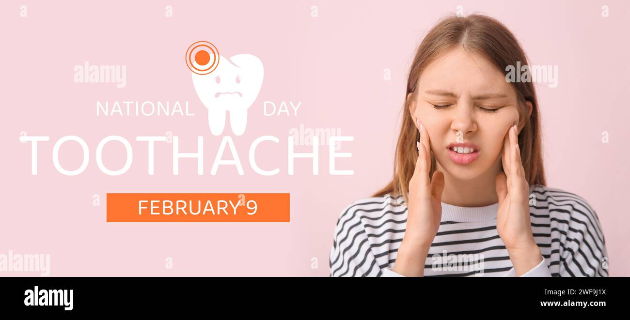 Banner for National Toothache Day with woman having problems with teeth ...