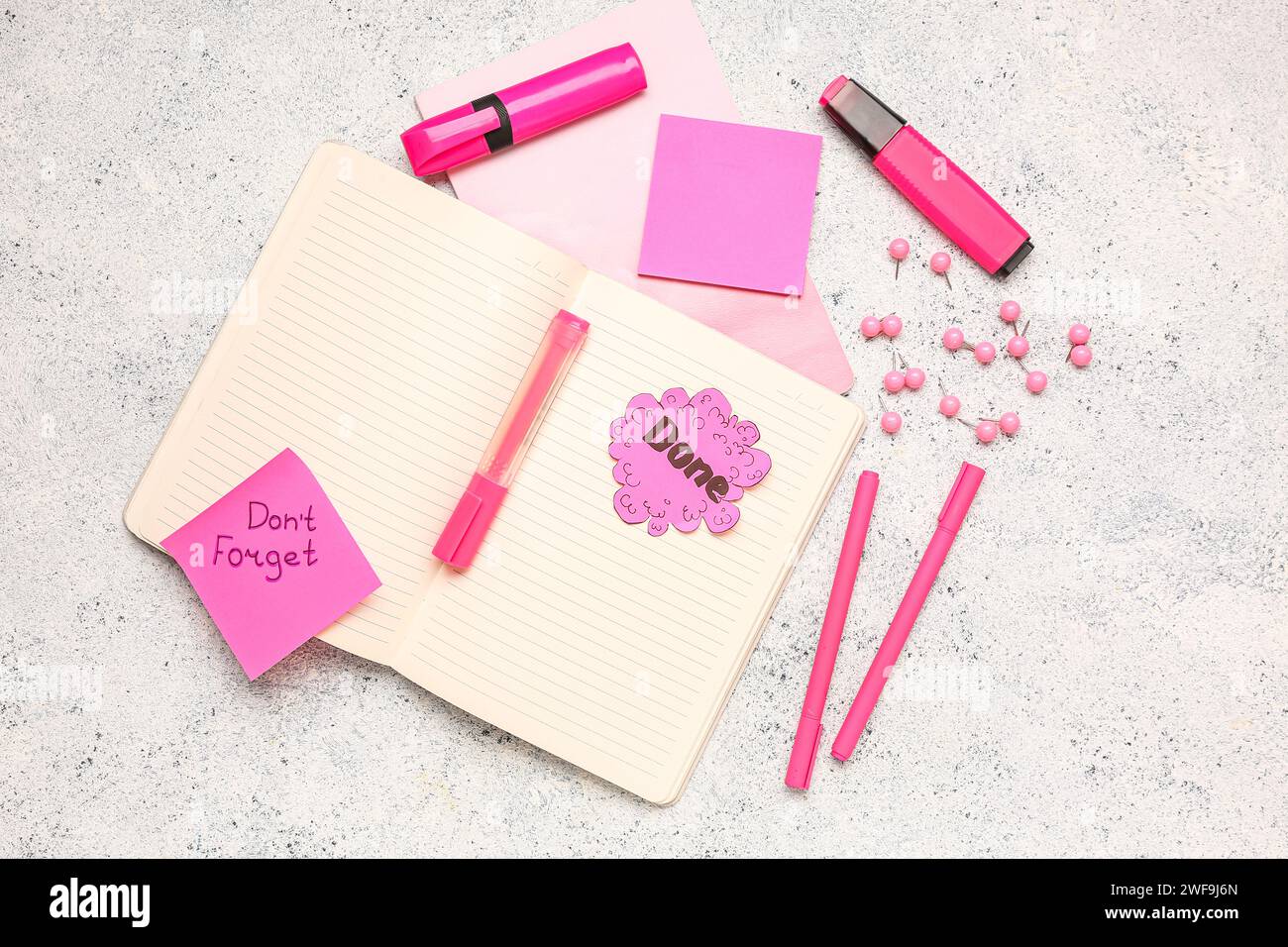 Sticky notes with word DONE, text DON'T FORGET and stationery on grunge ...